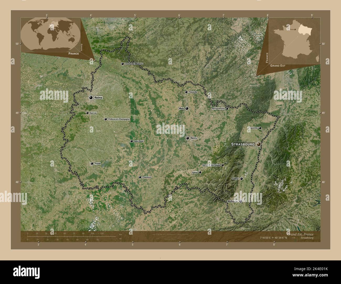 Grand Est, region of France. Low resolution satellite map. Locations ...