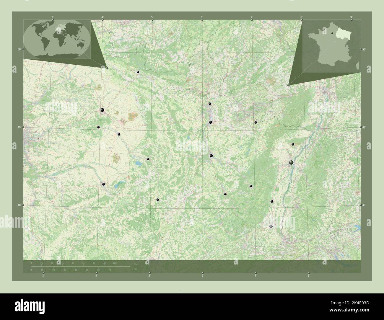 Grand Est, region of France. Open Street Map. Locations of major cities ...