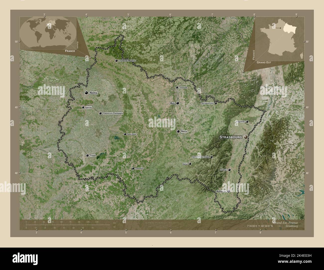 Grand Est, region of France. High resolution satellite map. Locations ...