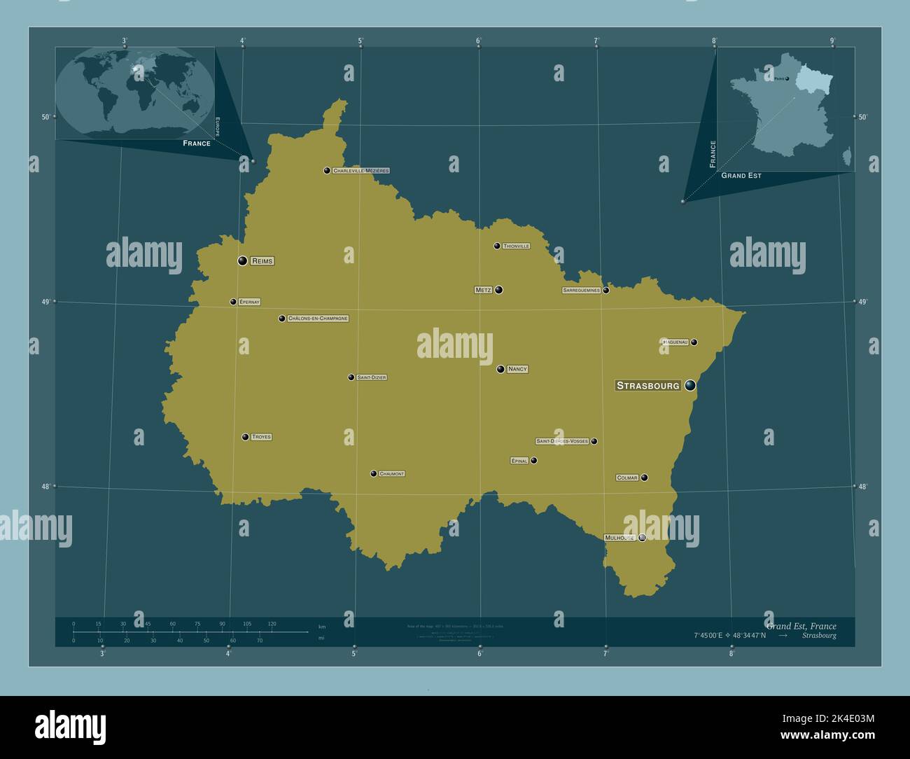 Grand Est, region of France. Solid color shape. Locations and names of ...