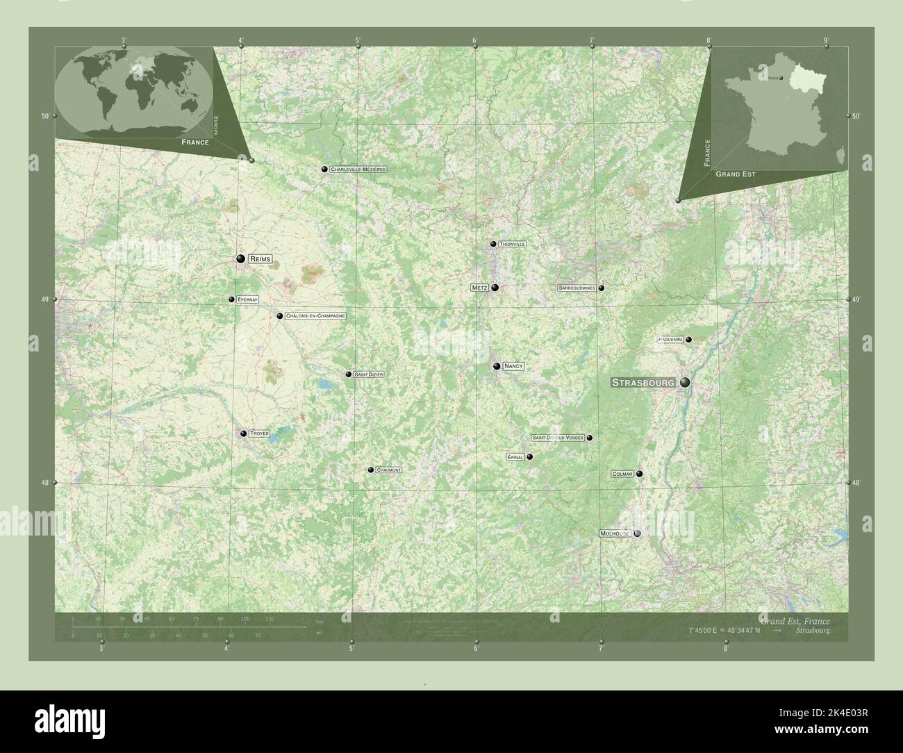 Grand Est, region of France. Open Street Map. Locations and names of ...