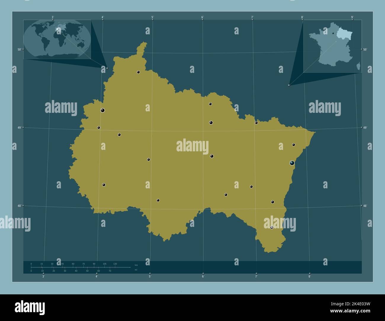Grand Est, region of France. Solid color shape. Locations of major ...