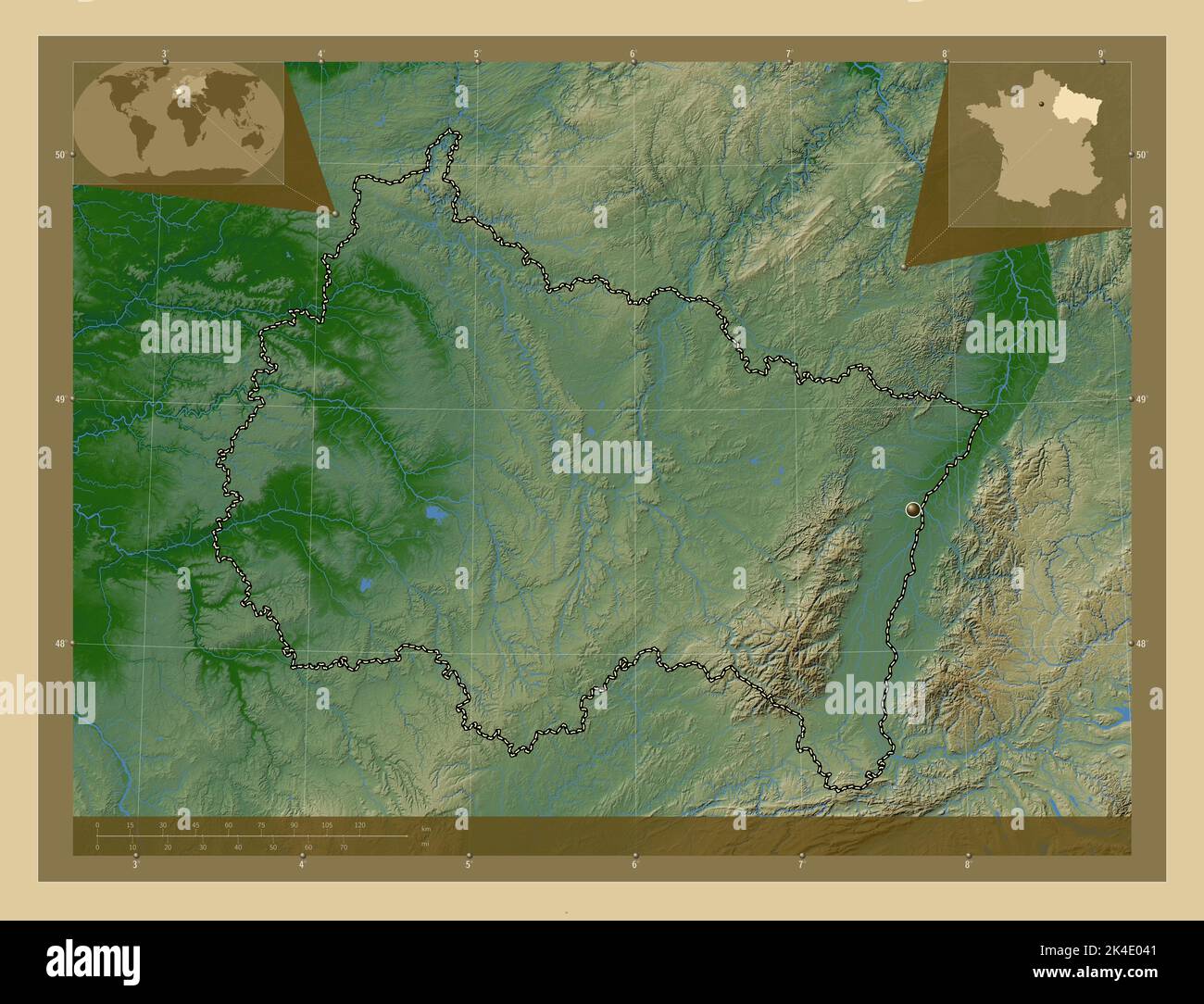 Grand Est, region of France. Colored elevation map with lakes and ...