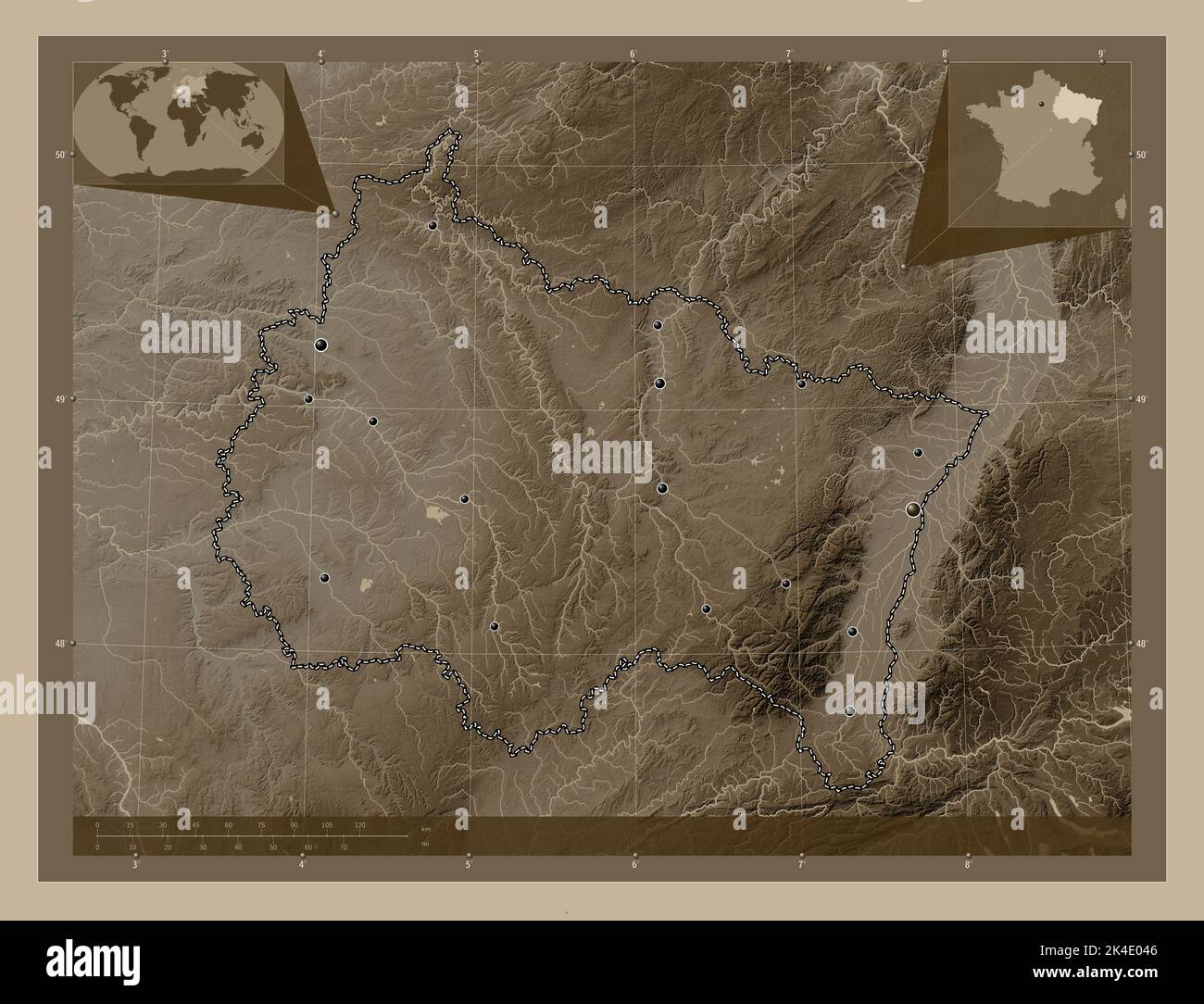 Grand Est, region of France. Elevation map colored in sepia tones with ...