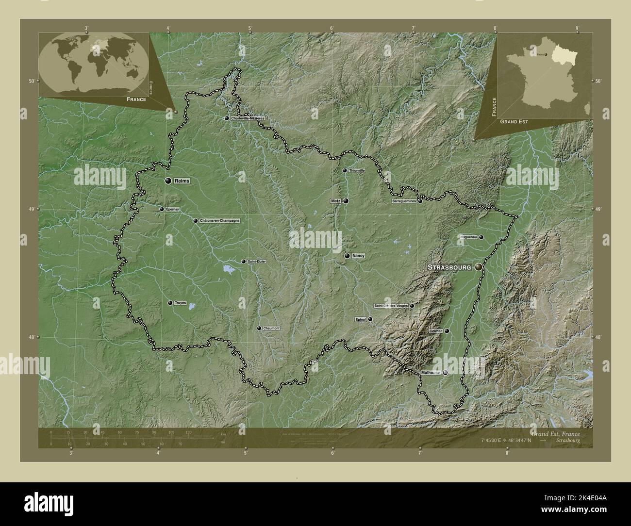 Grand Est, region of France. Elevation map colored in wiki style with ...