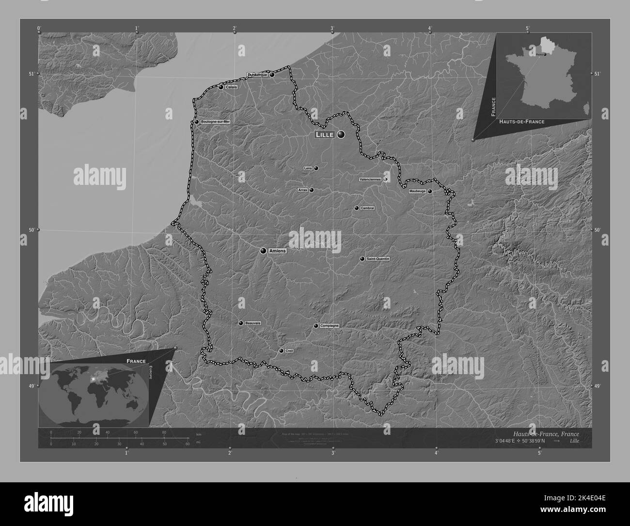 Hauts-de-France, region of France. Bilevel elevation map with lakes and ...