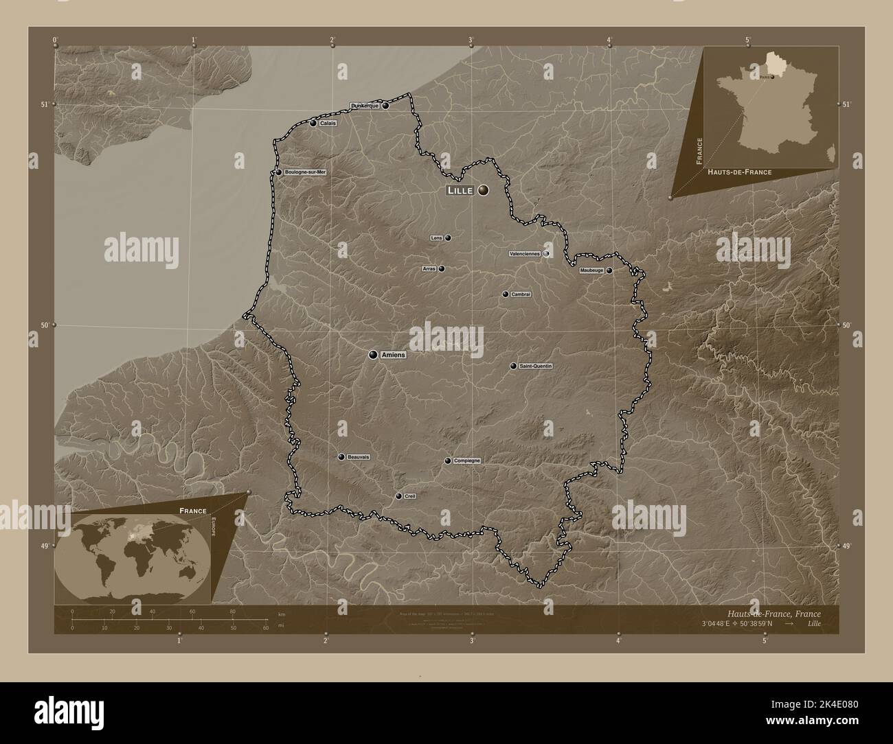 Hauts-de-France, region of France. Elevation map colored in sepia tones ...