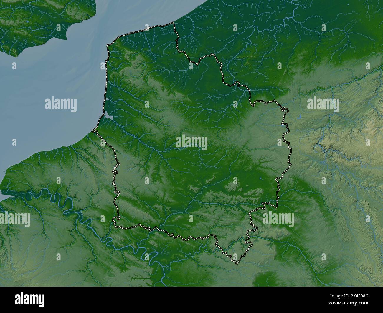 Hauts-de-France, region of France. Colored elevation map with lakes and ...
