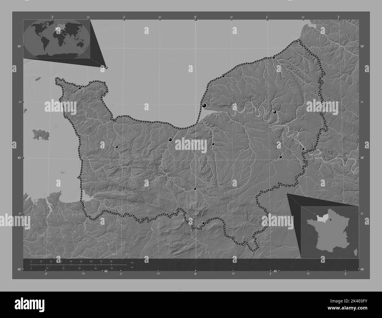 Normandie, region of France. Bilevel elevation map with lakes and ...