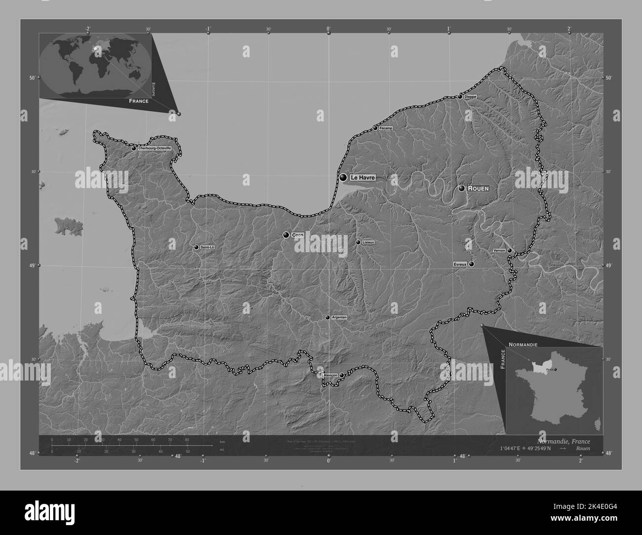 Normandie, region of France. Bilevel elevation map with lakes and ...