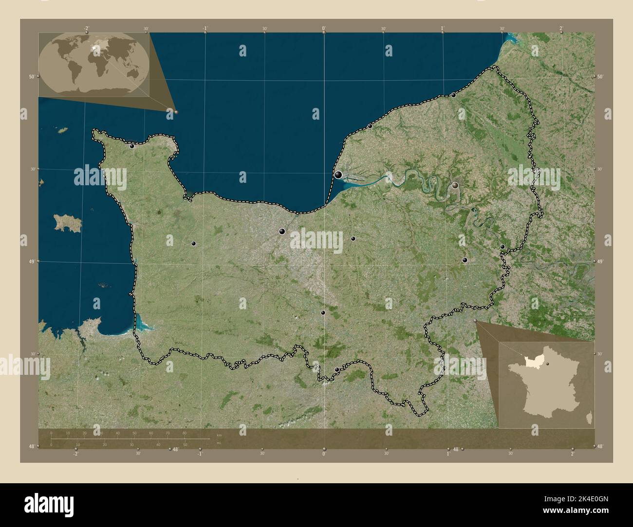 Normandie, region of France. High resolution satellite map. Locations ...