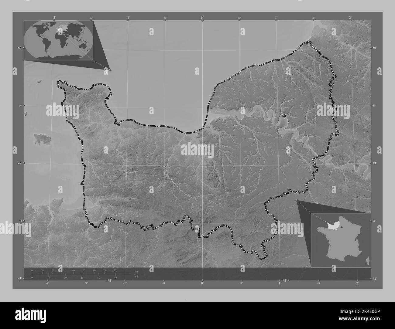 Normandie, region of France. Grayscale elevation map with lakes and ...