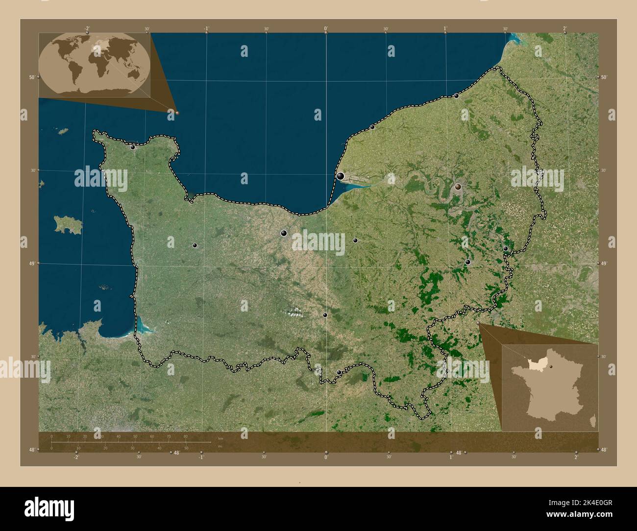 Normandie, region of France. Low resolution satellite map. Locations of ...