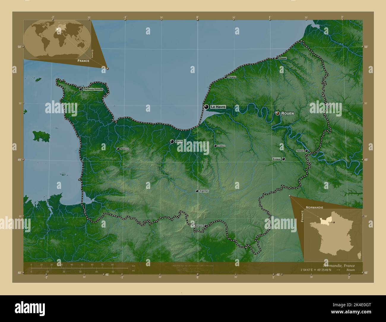Normandie, region of France. Colored elevation map with lakes and ...