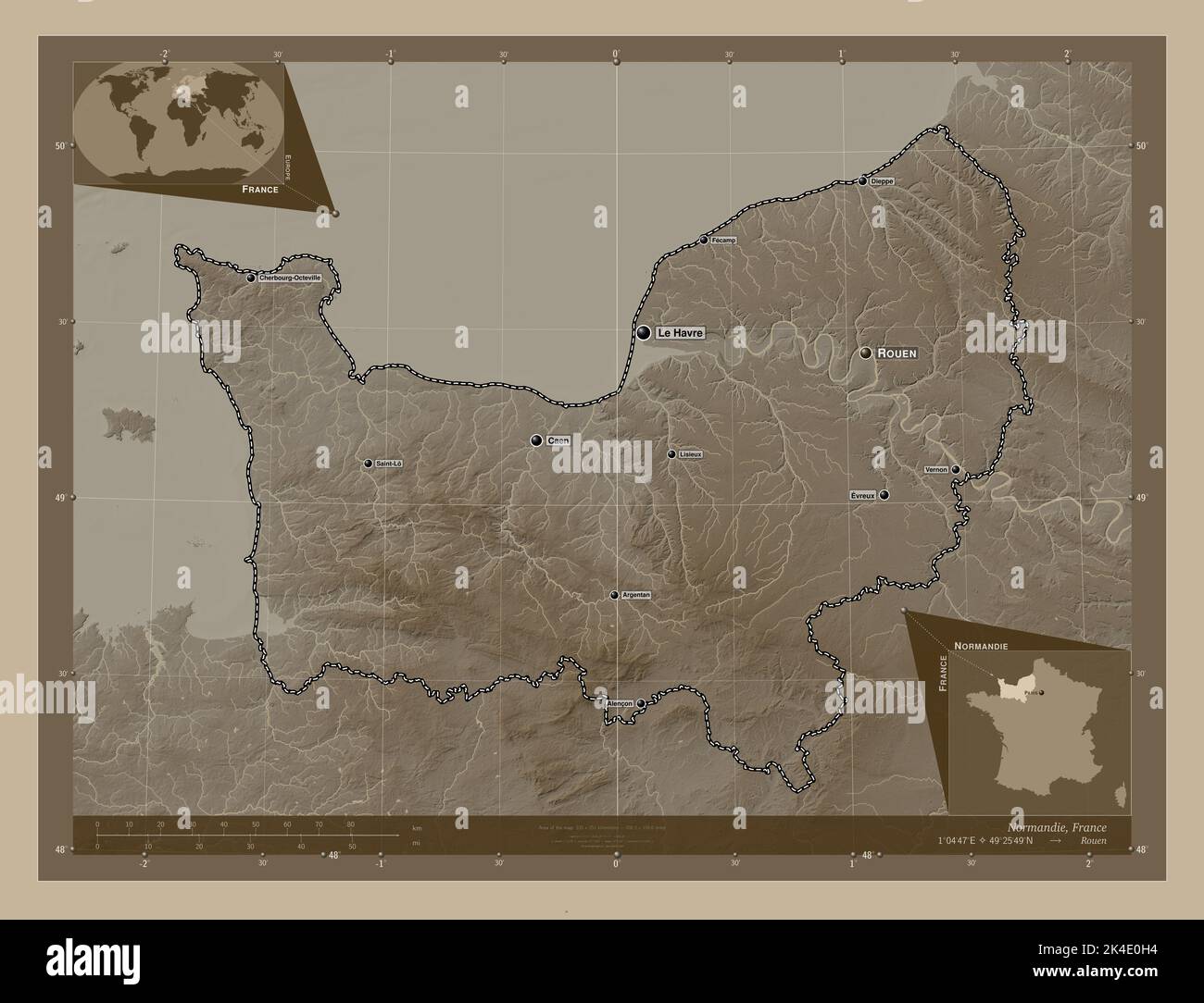 Normandie, region of France. Elevation map colored in sepia tones with ...