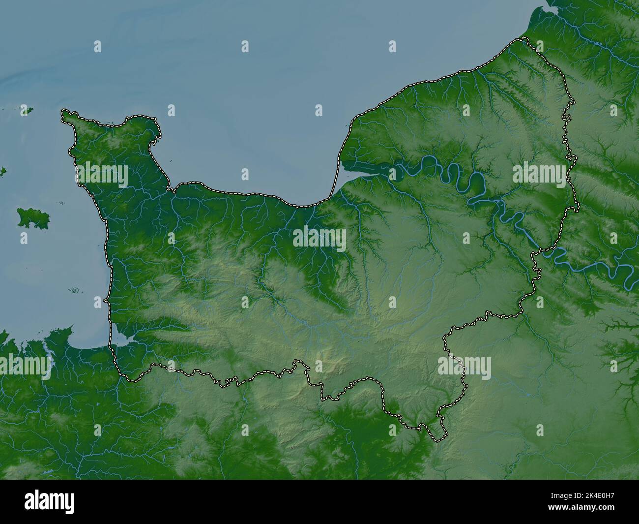 Normandie, region of France. Colored elevation map with lakes and ...