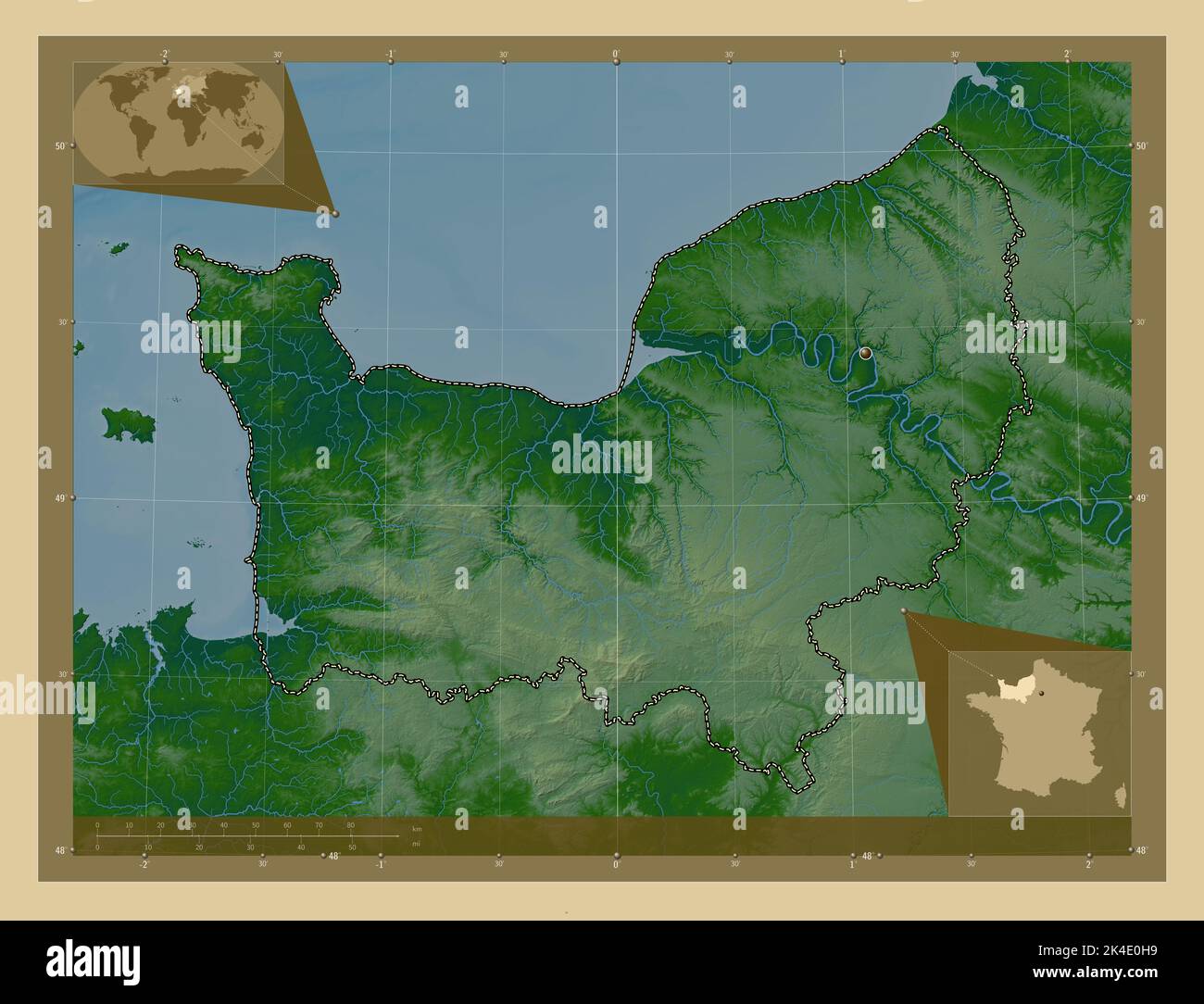 Normandie, region of France. Colored elevation map with lakes and ...