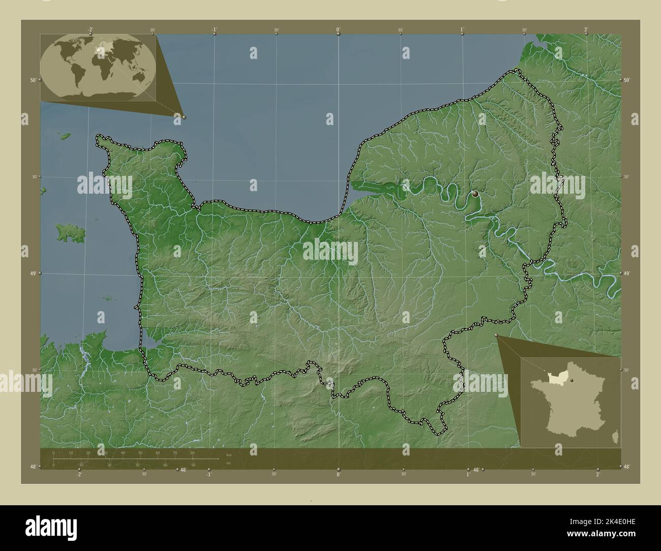 Normandie, region of France. Elevation map colored in wiki style with ...