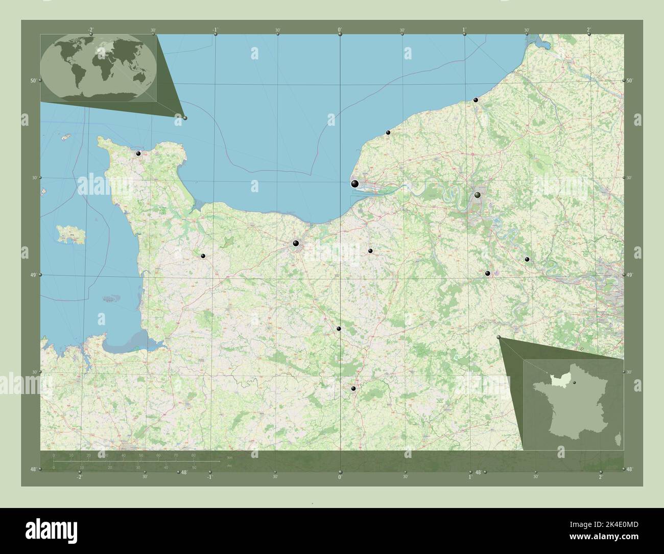 Normandie, region of France. Open Street Map. Locations of major cities ...