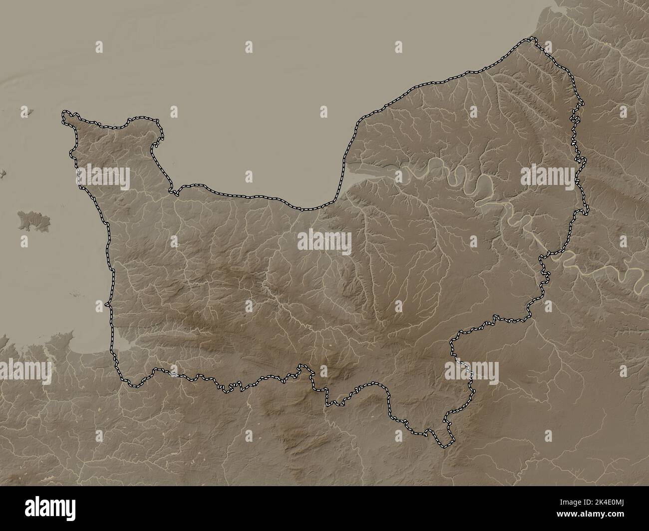 Normandie, region of France. Elevation map colored in sepia tones with ...