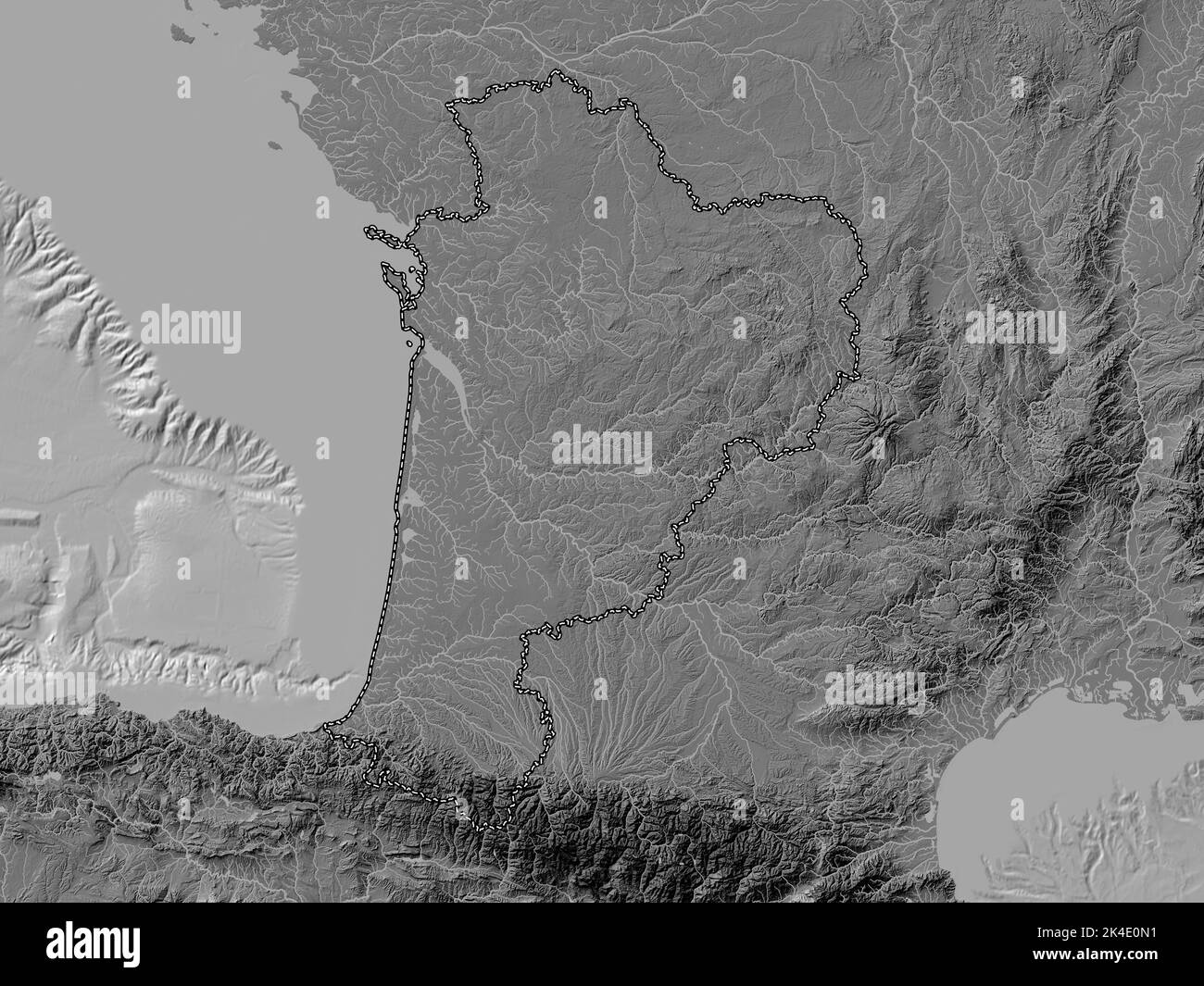 Nouvelle-Aquitaine, region of France. Bilevel elevation map with lakes ...