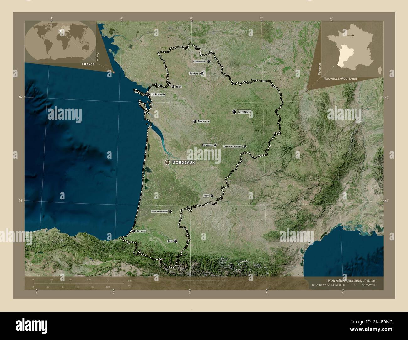 Nouvelle-Aquitaine, region of France. High resolution satellite map ...