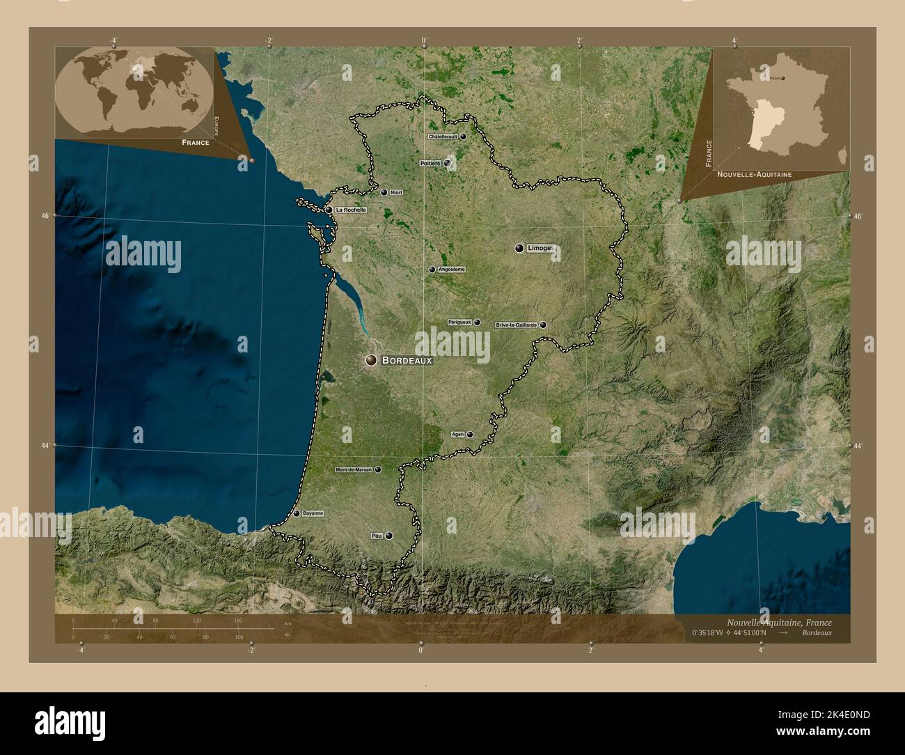 Nouvelle-Aquitaine, region of France. Low resolution satellite map ...