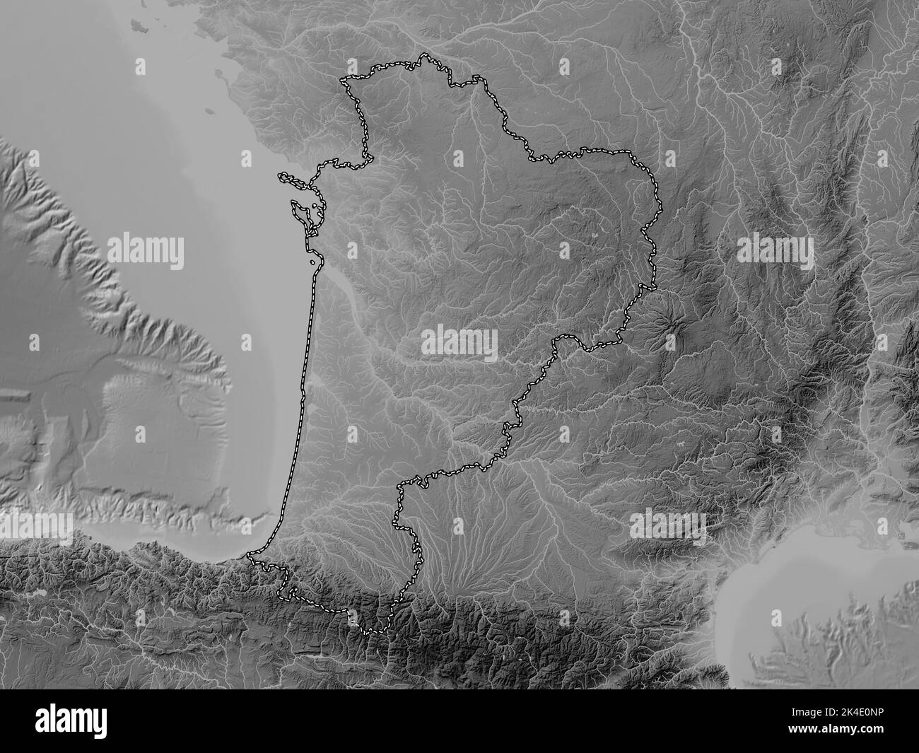 Nouvelle-Aquitaine, region of France. Grayscale elevation map with ...