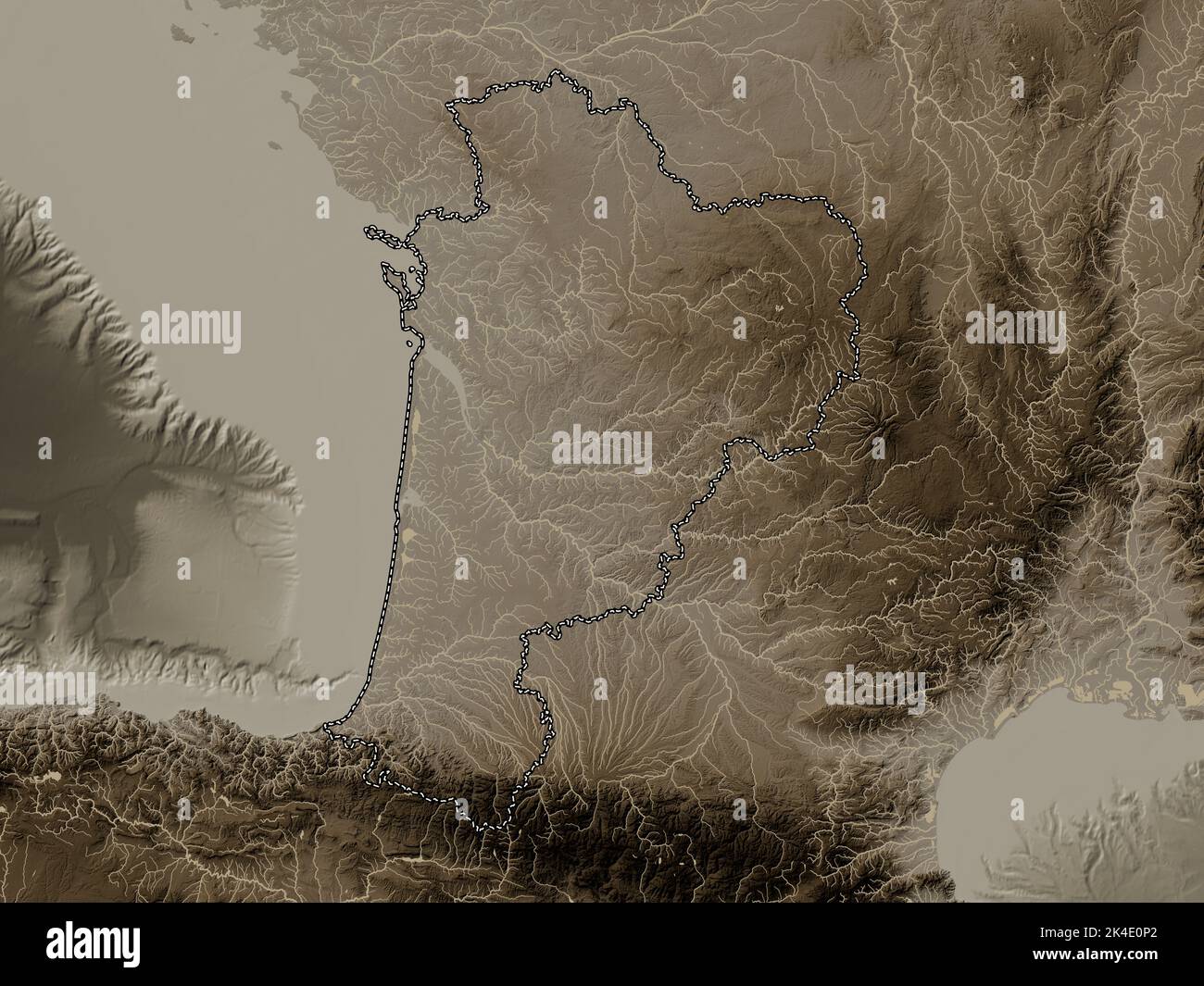 Nouvelle-Aquitaine, region of France. Elevation map colored in sepia ...