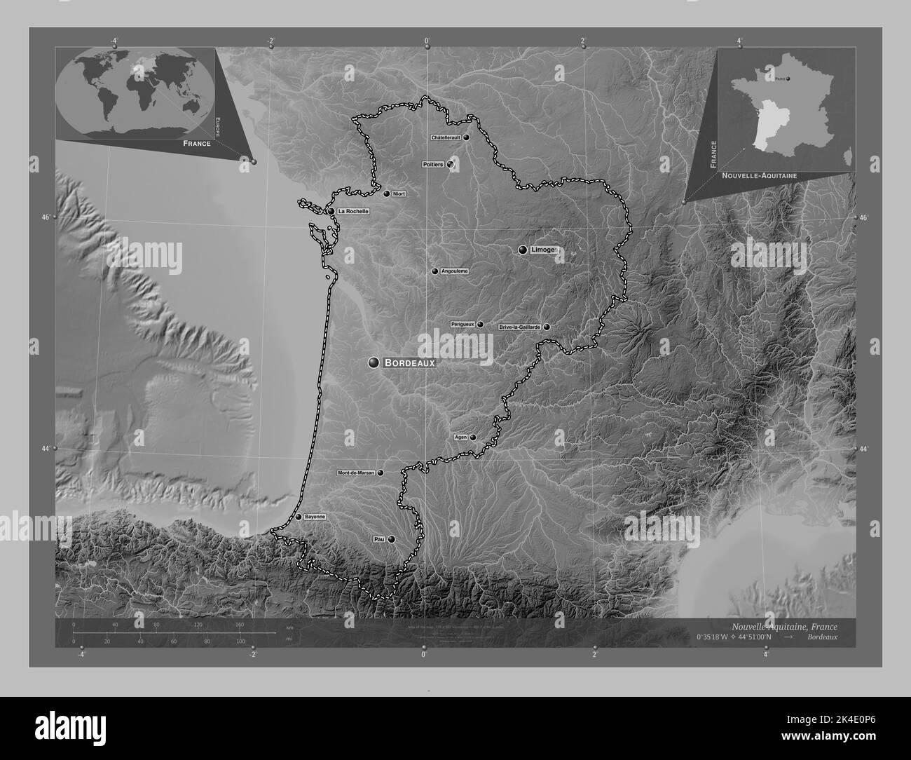 Nouvelle-Aquitaine, region of France. Grayscale elevation map with ...