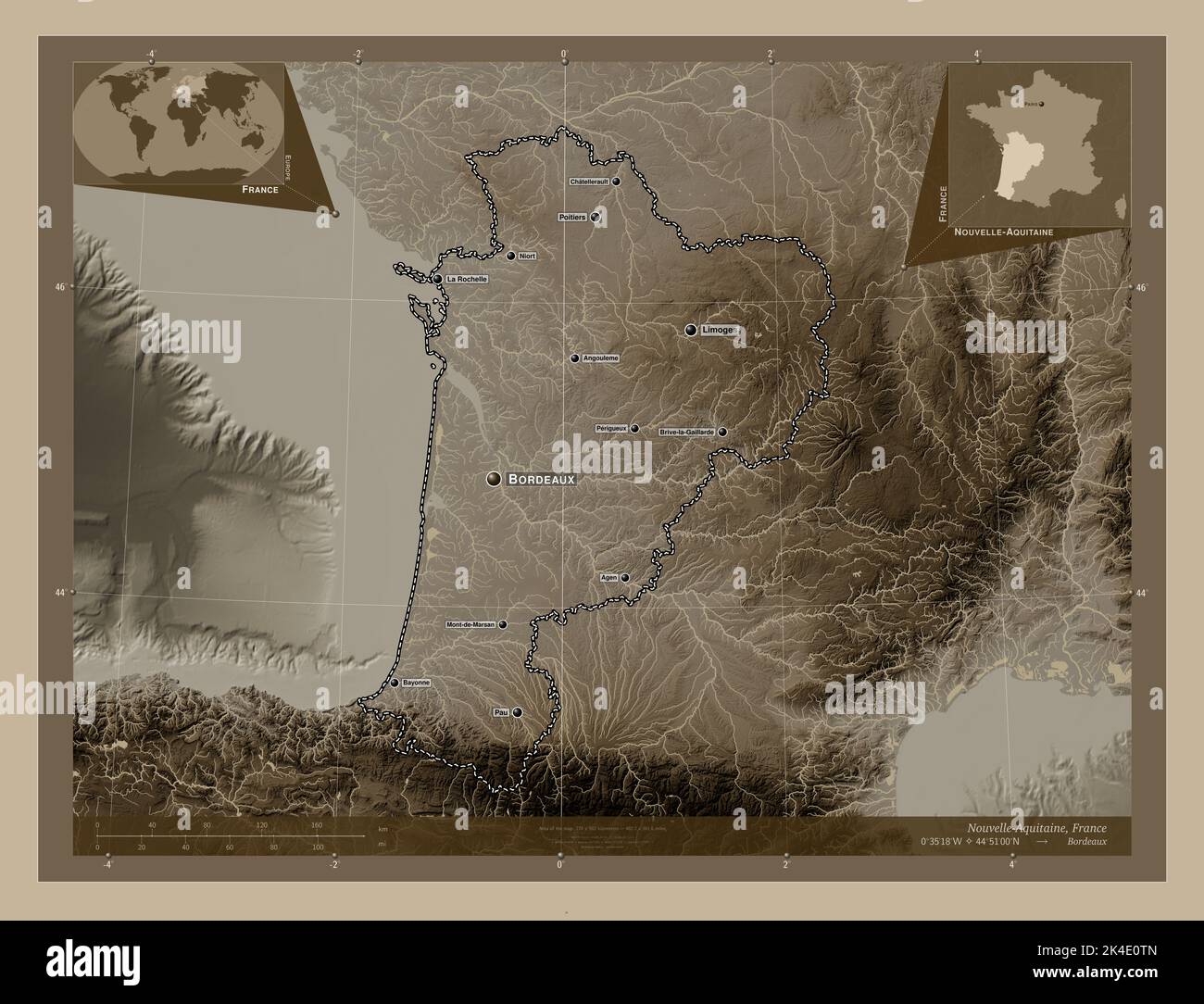 Nouvelle-Aquitaine, region of France. Elevation map colored in sepia ...