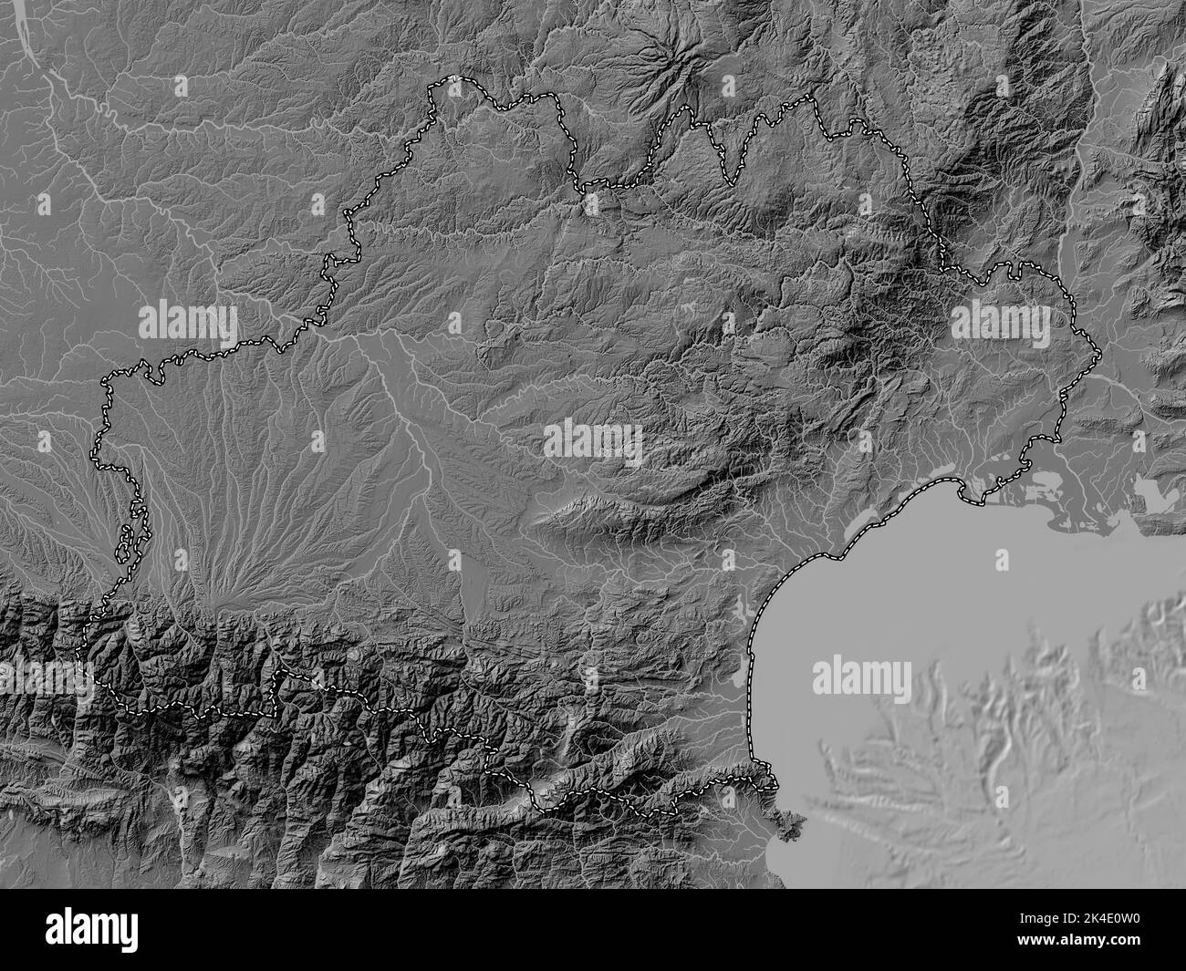 Occitanie, region of France. Bilevel elevation map with lakes and ...