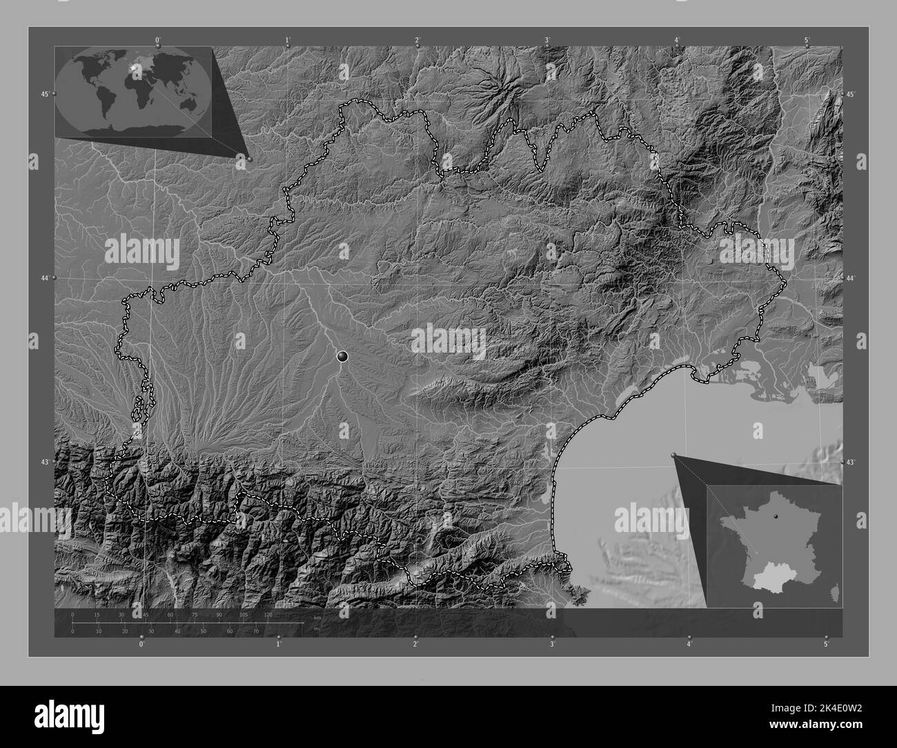Occitanie, region of France. Bilevel elevation map with lakes and ...