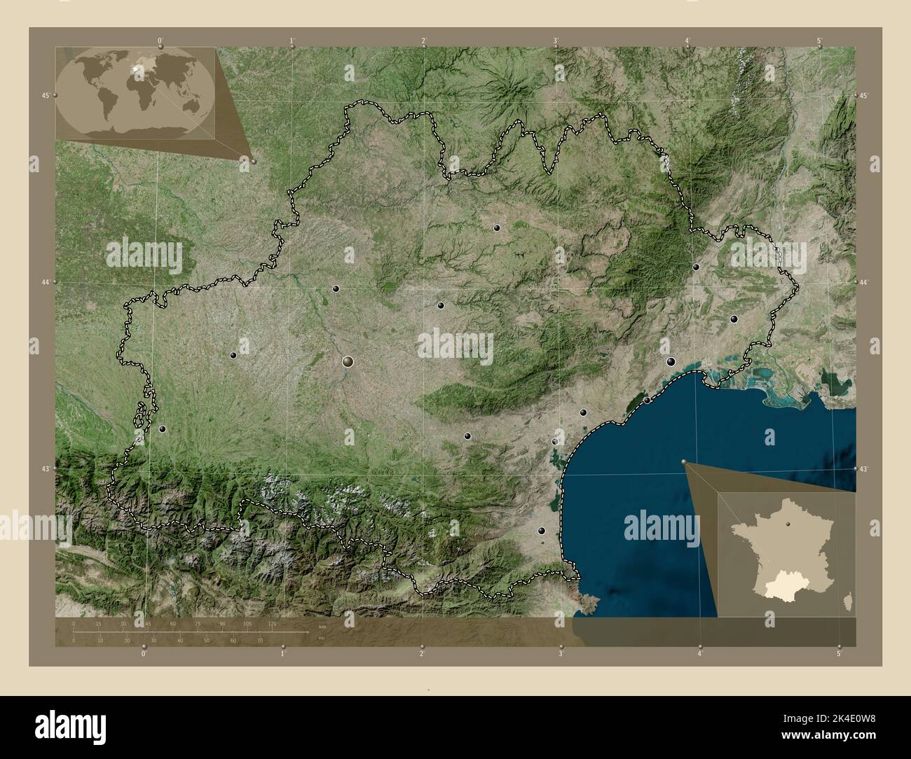 Occitanie, region of France. High resolution satellite map. Locations ...