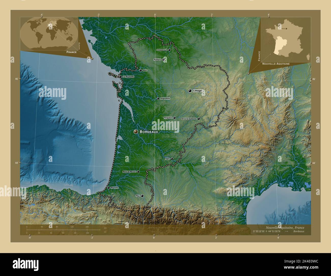 Nouvelle-Aquitaine, region of France. Colored elevation map with lakes ...