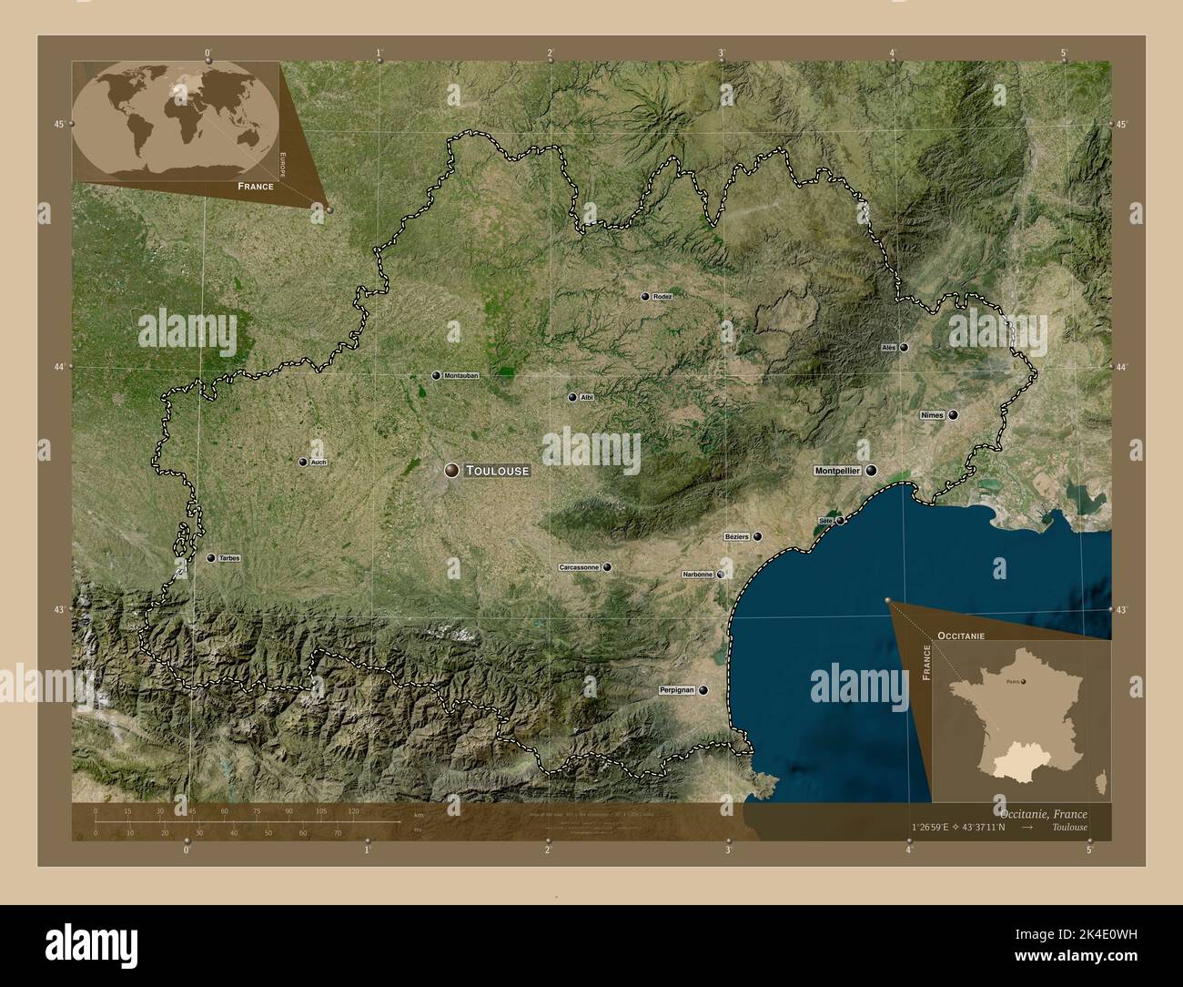 Occitanie, region of France. Low resolution satellite map. Locations ...