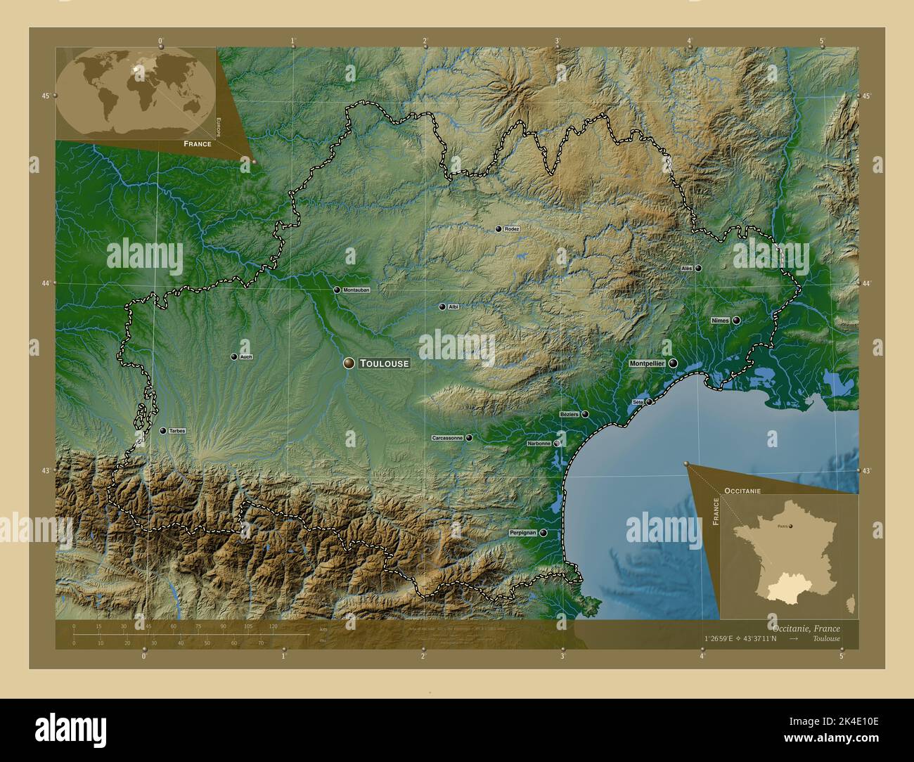 Occitanie, region of France. Colored elevation map with lakes and ...