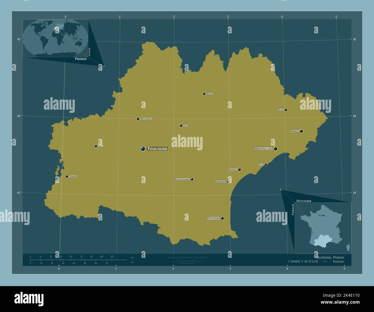 Occitanie, region of France. Solid color shape. Locations and names of ...