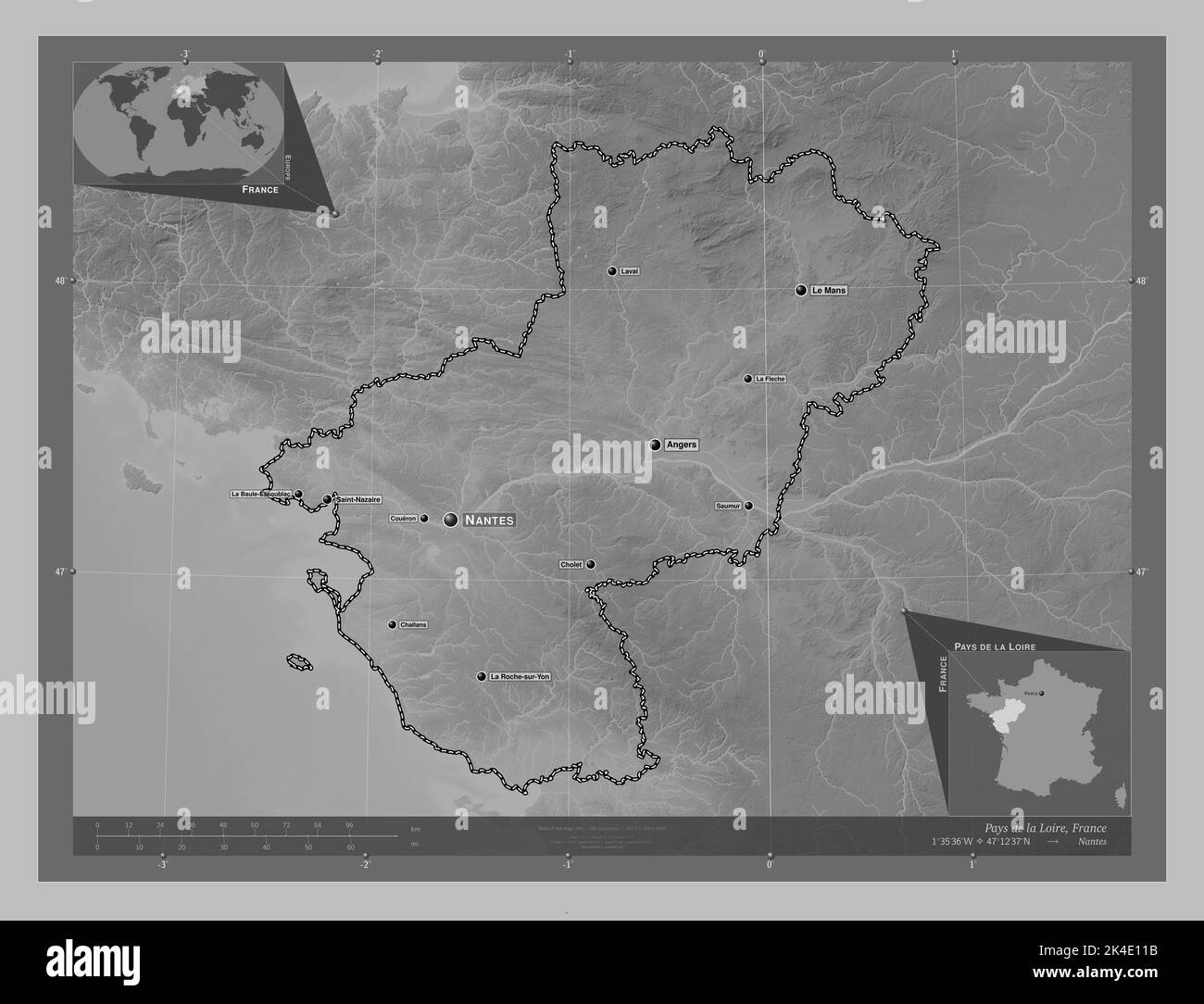 Pays de la Loire, region of France. Grayscale elevation map with lakes ...