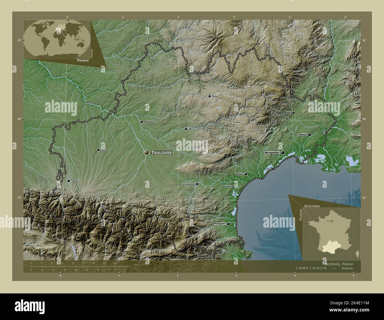 Occitanie, region of France. Elevation map colored in wiki style with ...