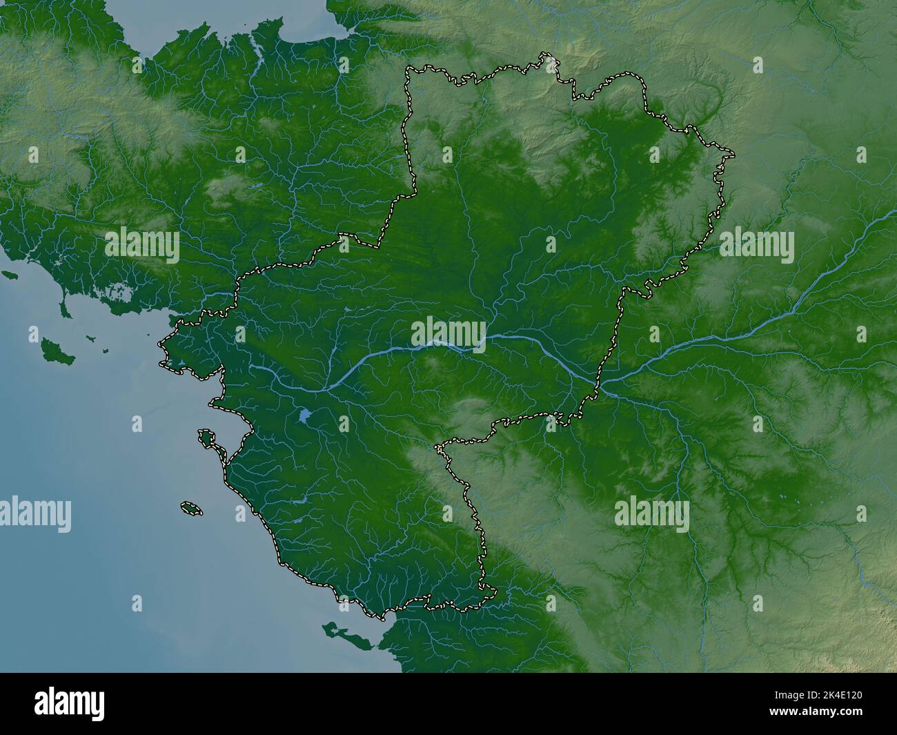 Pays de la Loire, region of France. Colored elevation map with lakes ...