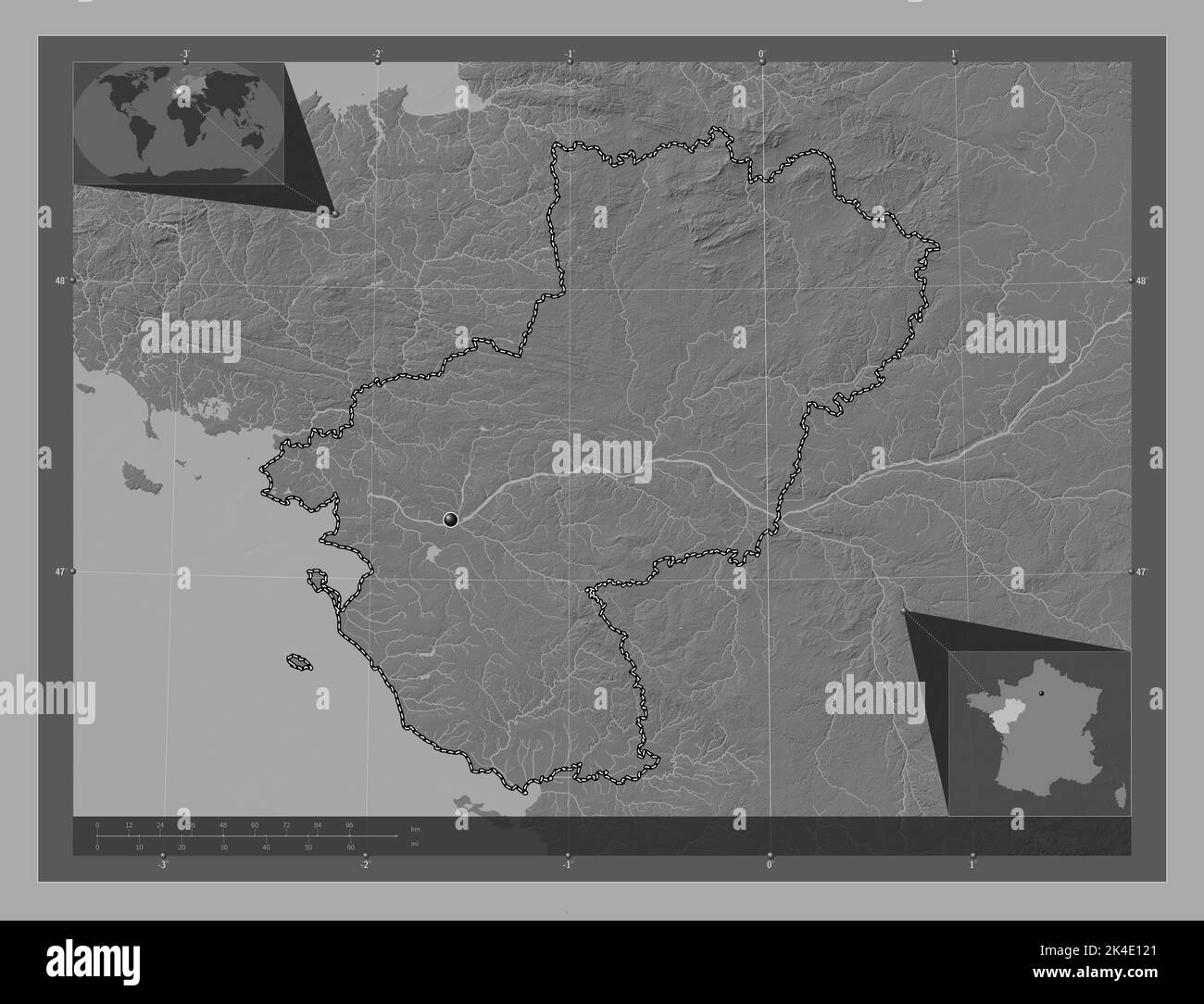 Pays de la Loire, region of France. Bilevel elevation map with lakes ...