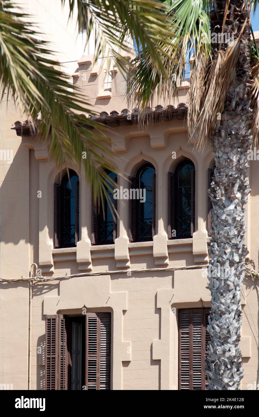 Moorish Building Facade with Palm Trees in sitges, Spain Stock Photo ...