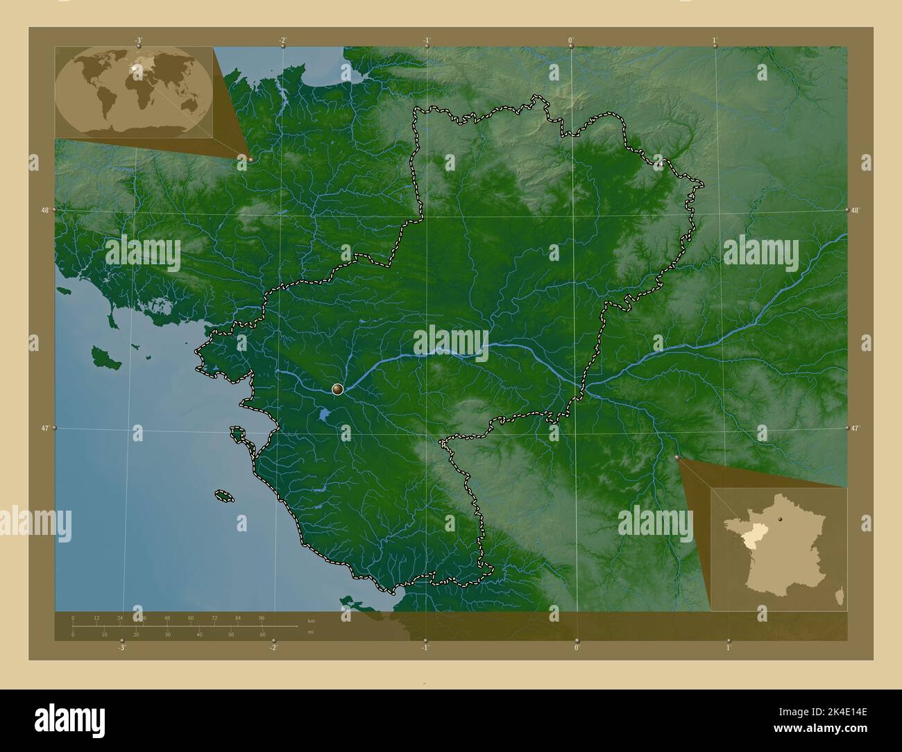 Pays de la Loire, region of France. Colored elevation map with lakes ...