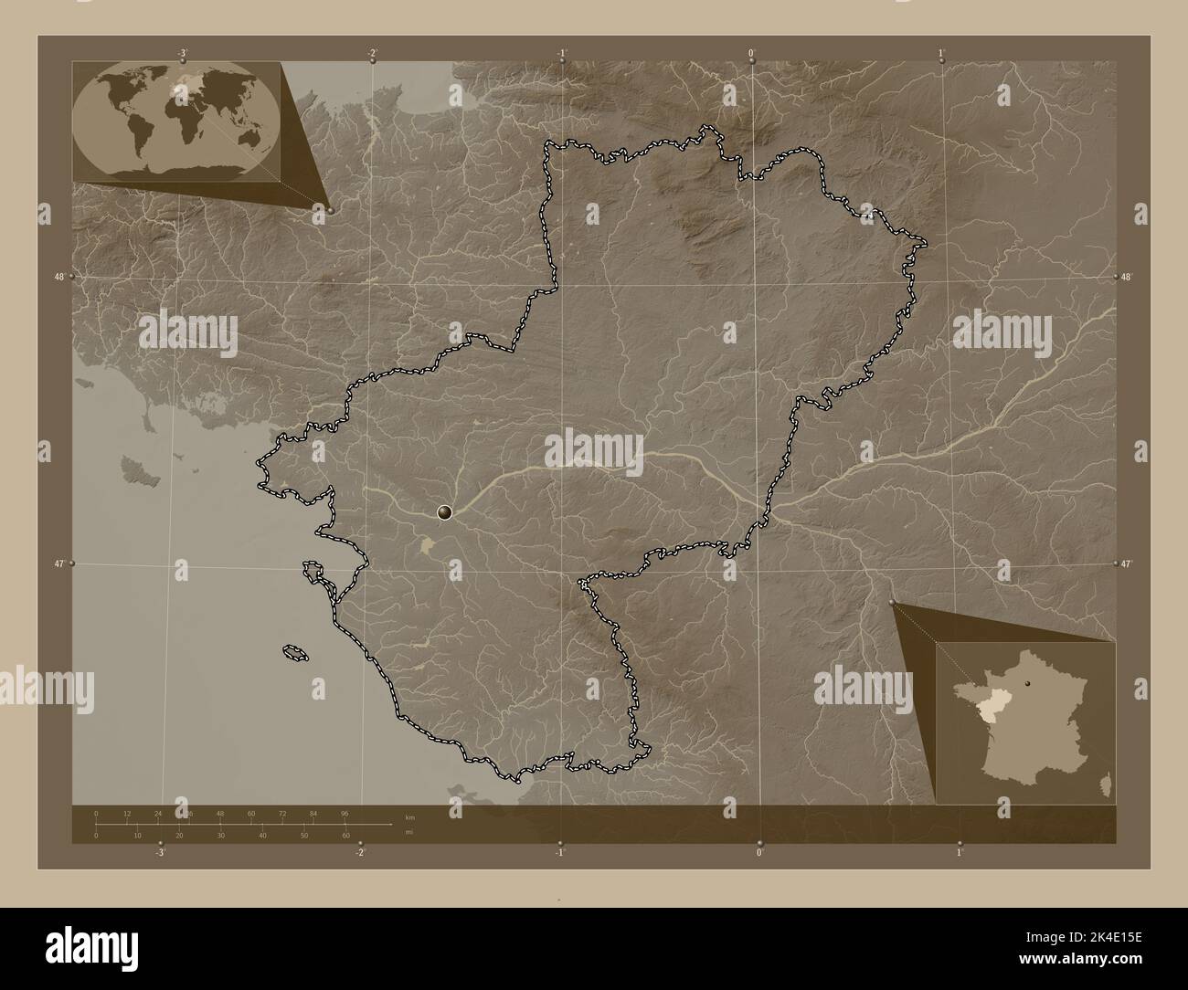 Pays de la Loire, region of France. Elevation map colored in sepia ...