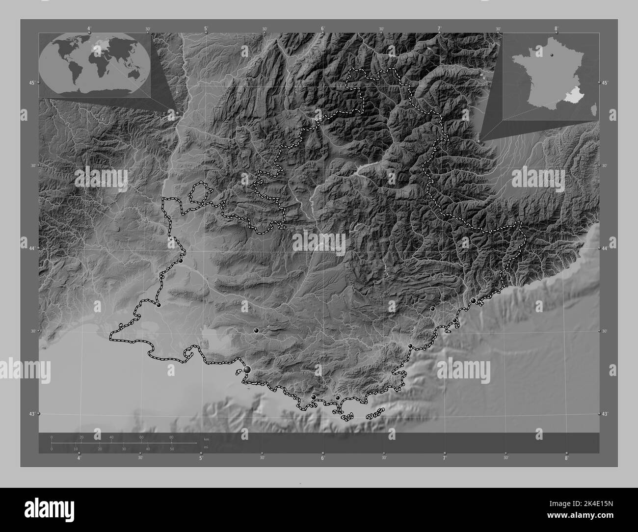 Provence-Alpes-Cote d'Azur, region of France. Grayscale elevation map ...