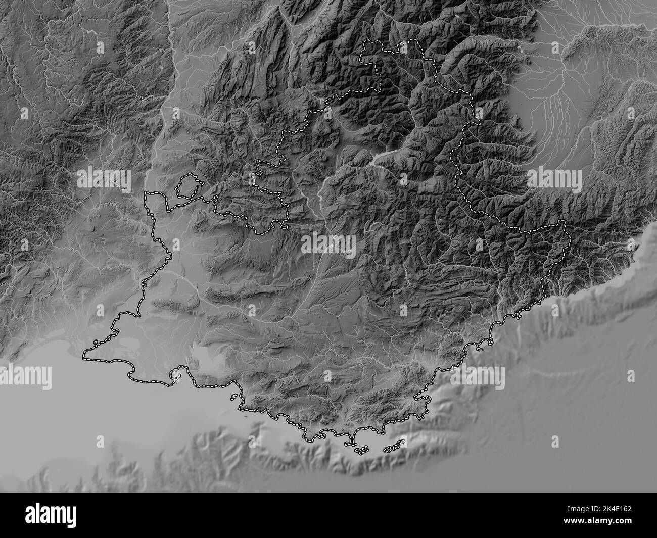 Provence-Alpes-Cote d'Azur, region of France. Grayscale elevation map ...