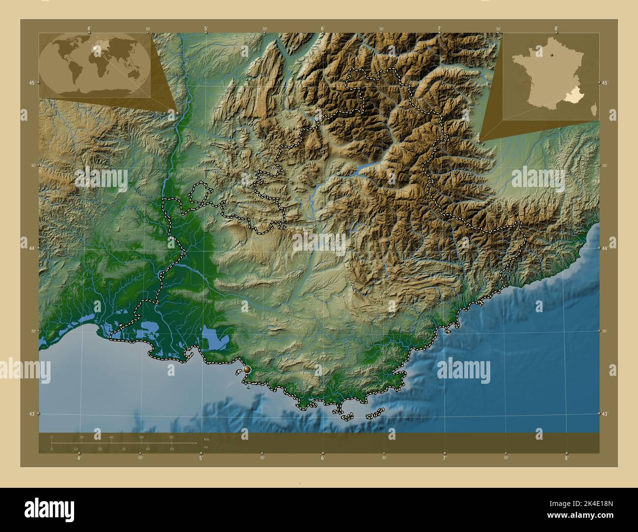 Provence-Alpes-Cote d'Azur, region of France. Colored elevation map ...