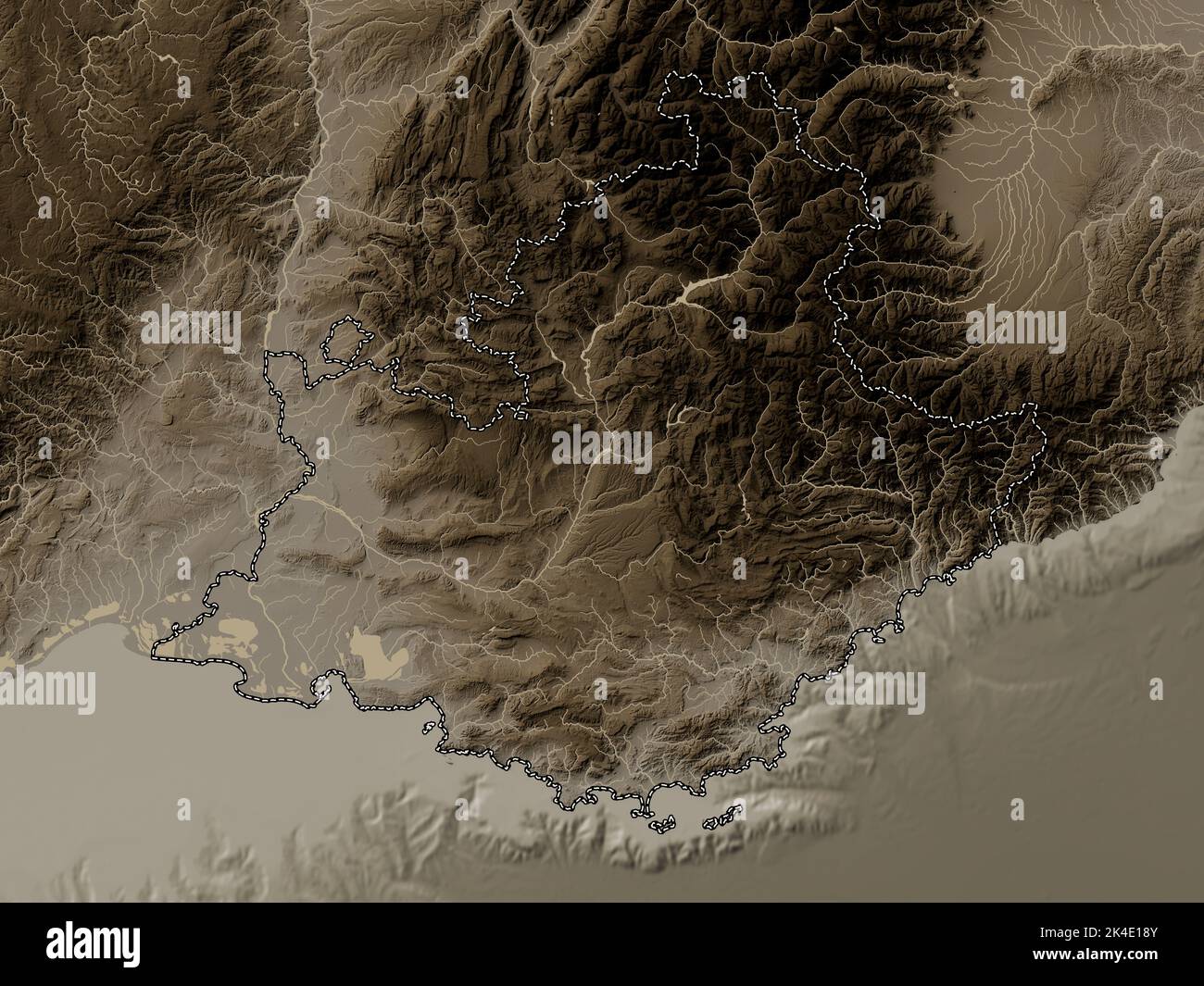 Provence-Alpes-Cote d'Azur, region of France. Elevation map colored in sepia tones with lakes ...