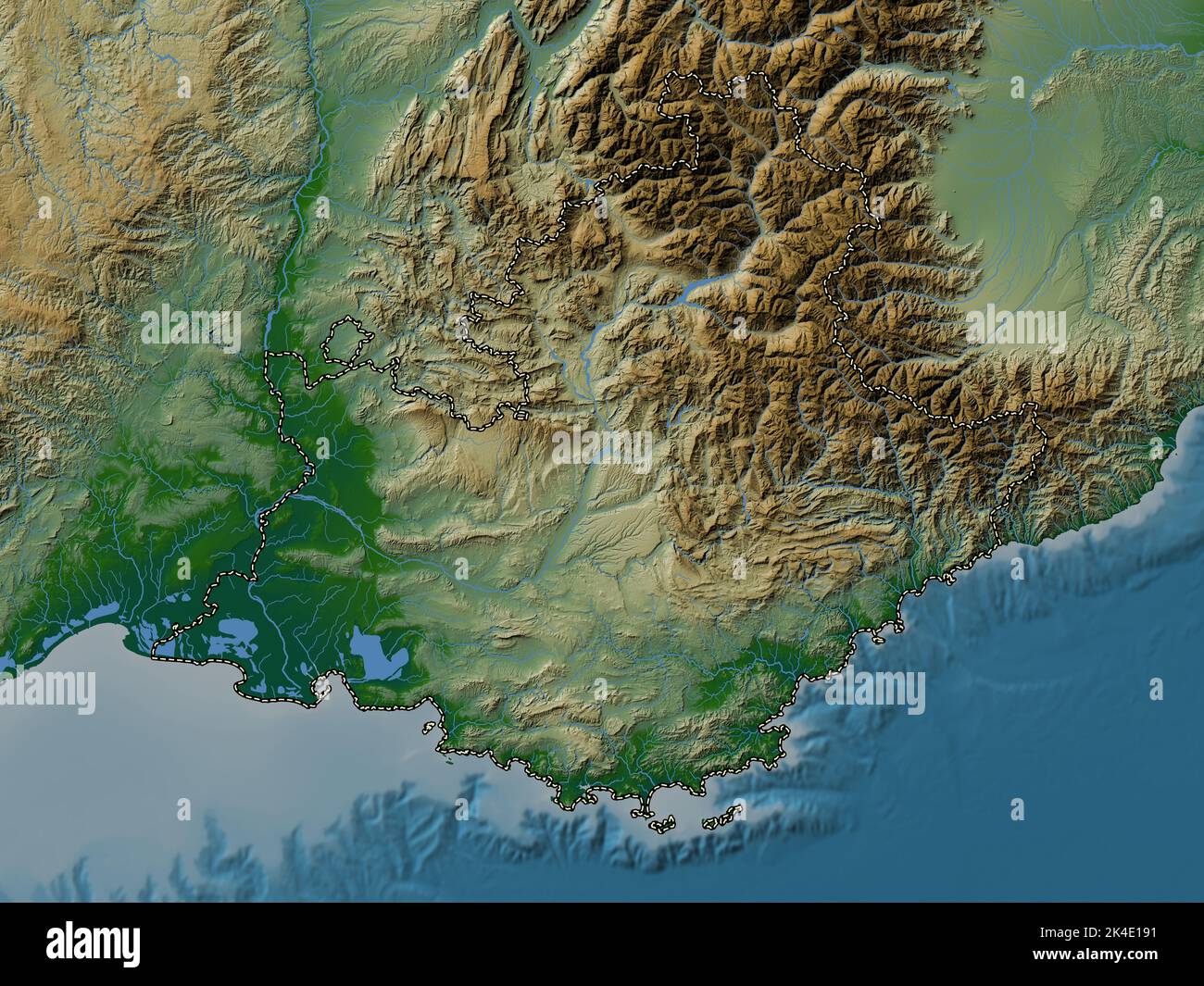 Provence-Alpes-Cote d'Azur, region of France. Colored elevation map ...